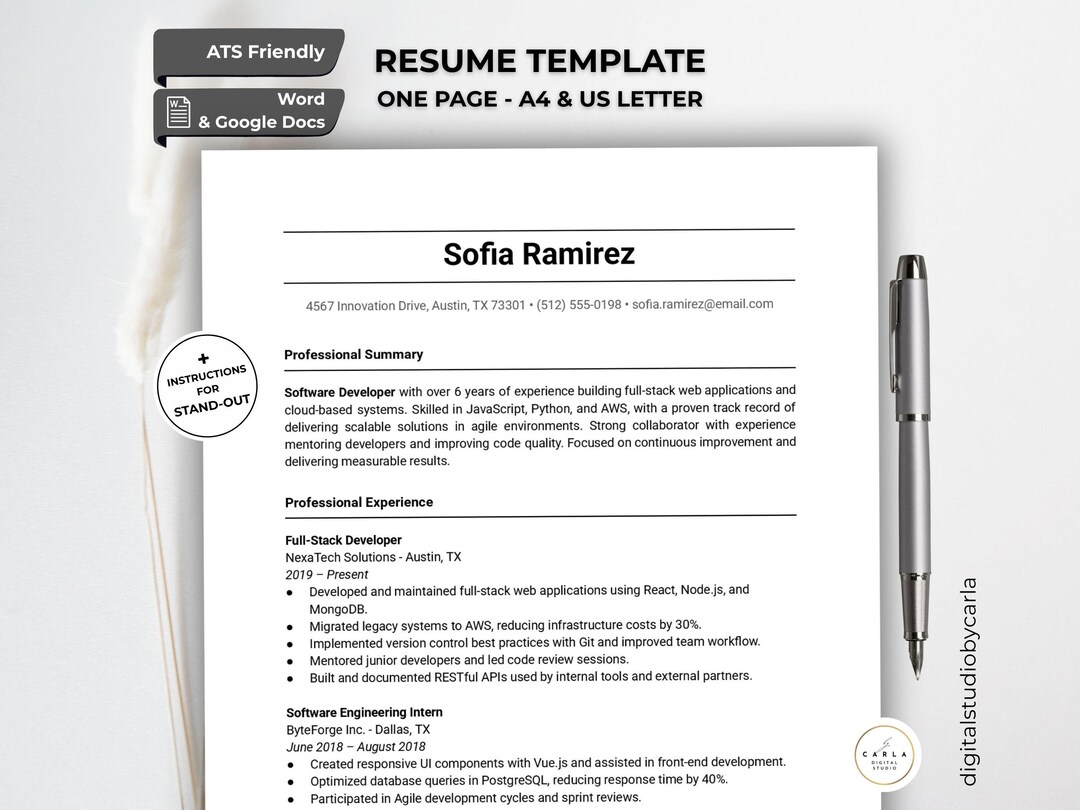 Professional CV Template Google Docs | CV Template Word | ATS Resume ...