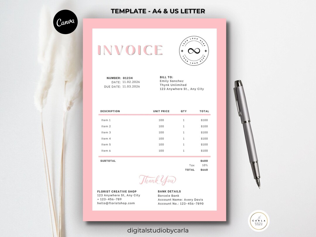 Invoice Template for Canva - Editable Pink Modern Small Business ...