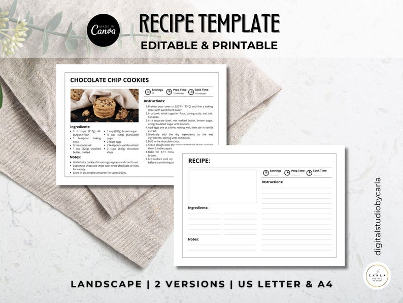 Editable Recipe Book Template Canva: Landscape Meal Planner - Digital ...