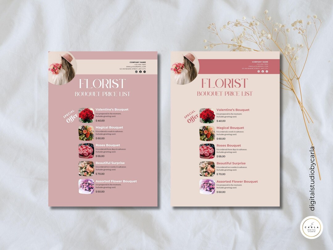 Pink Florist Price List Template - Editable Canva Digital Catalog ...