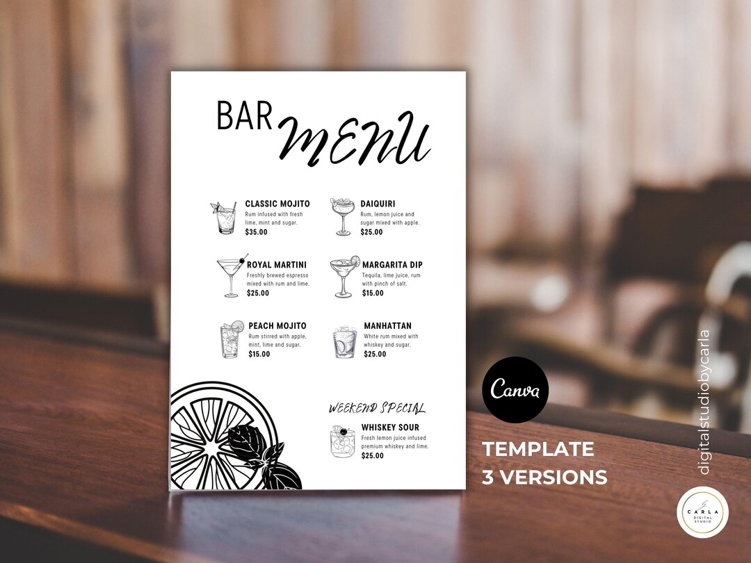 Elegant Bar Menu Template: Cocktail List, Signature Drinks (3 Versions ...