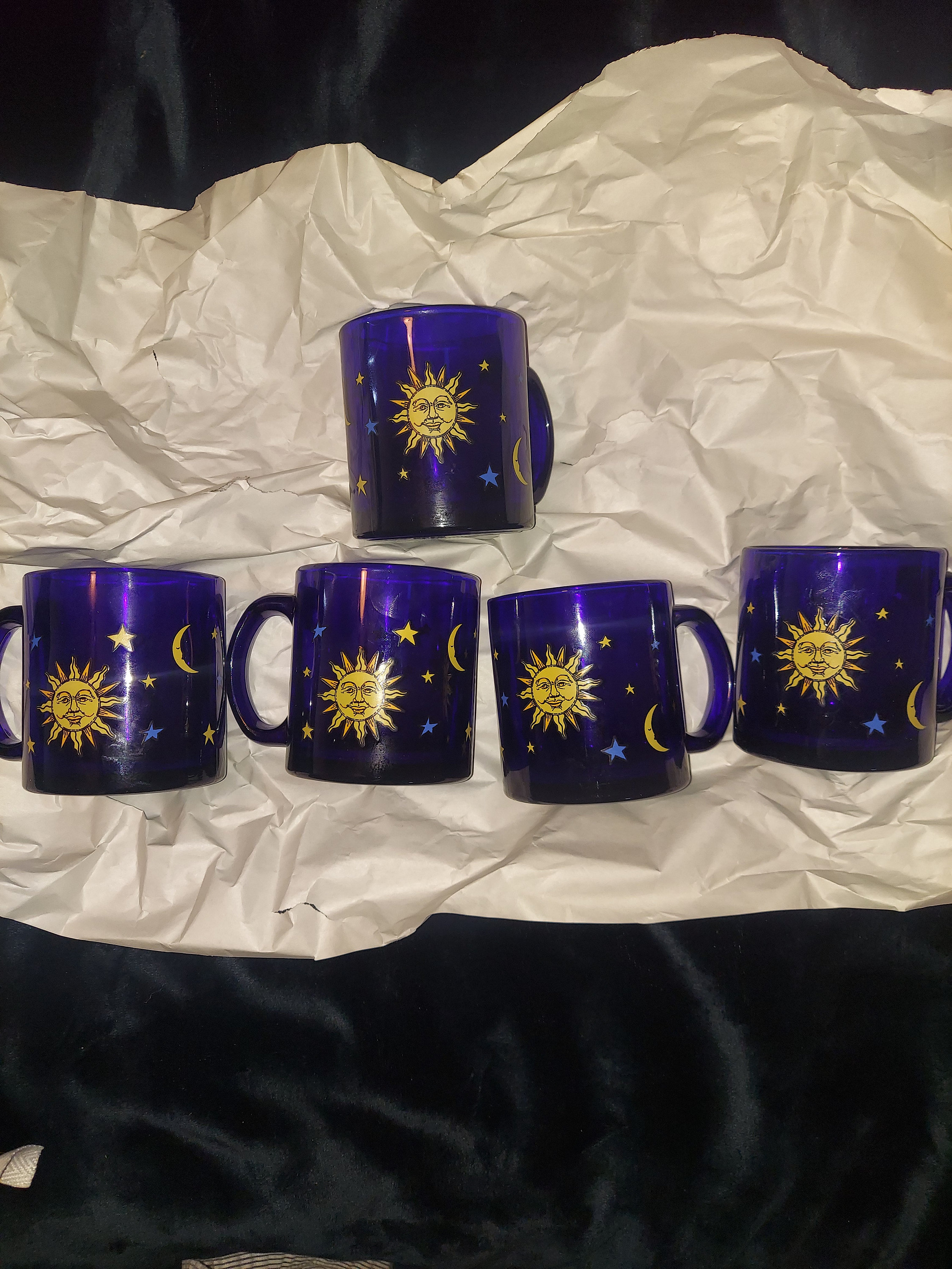 Vintage Rare Htf Libbey Cobalt Blue Celestial Sun, Moon and Stars Coffee Mugs. Each Sold ...
