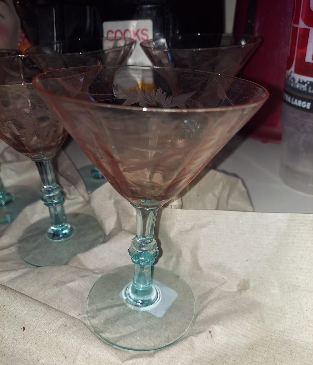 5 Vintage Morgantown Fondale Champagne Coupe Glasses Pink Bowl Aqua ...