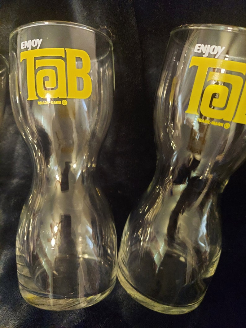 4 Vintage Tab Coca Cola Glass Hourglass Shape Yellow Graphic Diet Soda ...