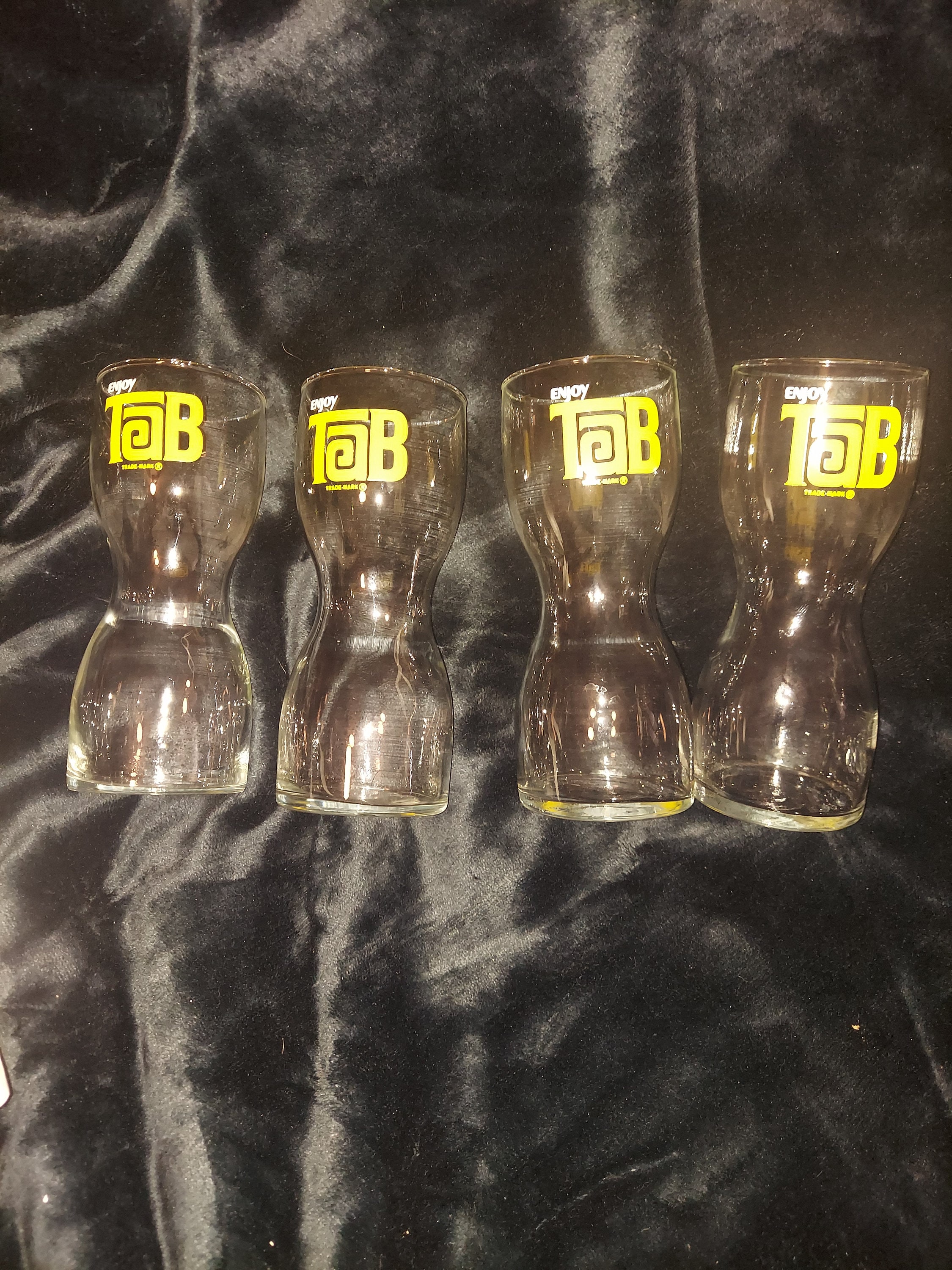 4 Vintage Tab Coca Cola Glass Hourglass Shape Yellow Graphic Diet Soda ...