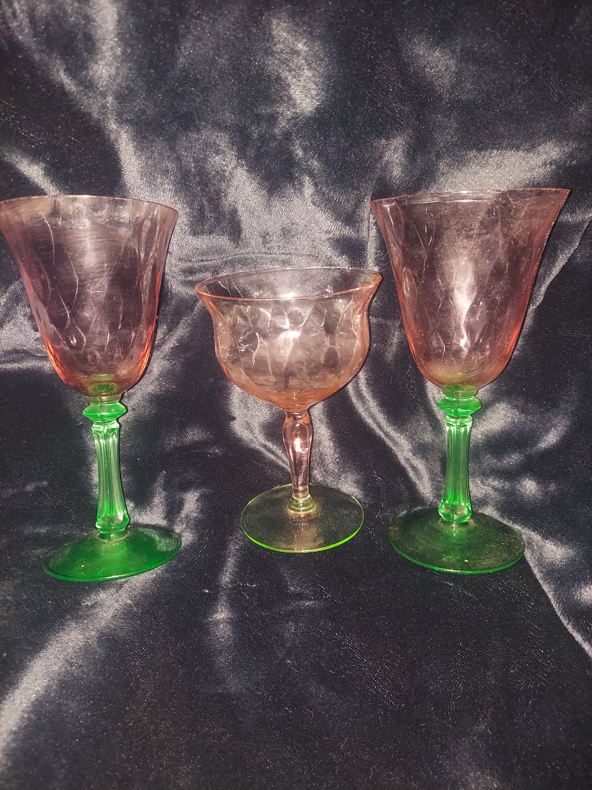 3pcs Pink and Green Goblets Uranium Glass the Stems Mcdonald Wine ...
