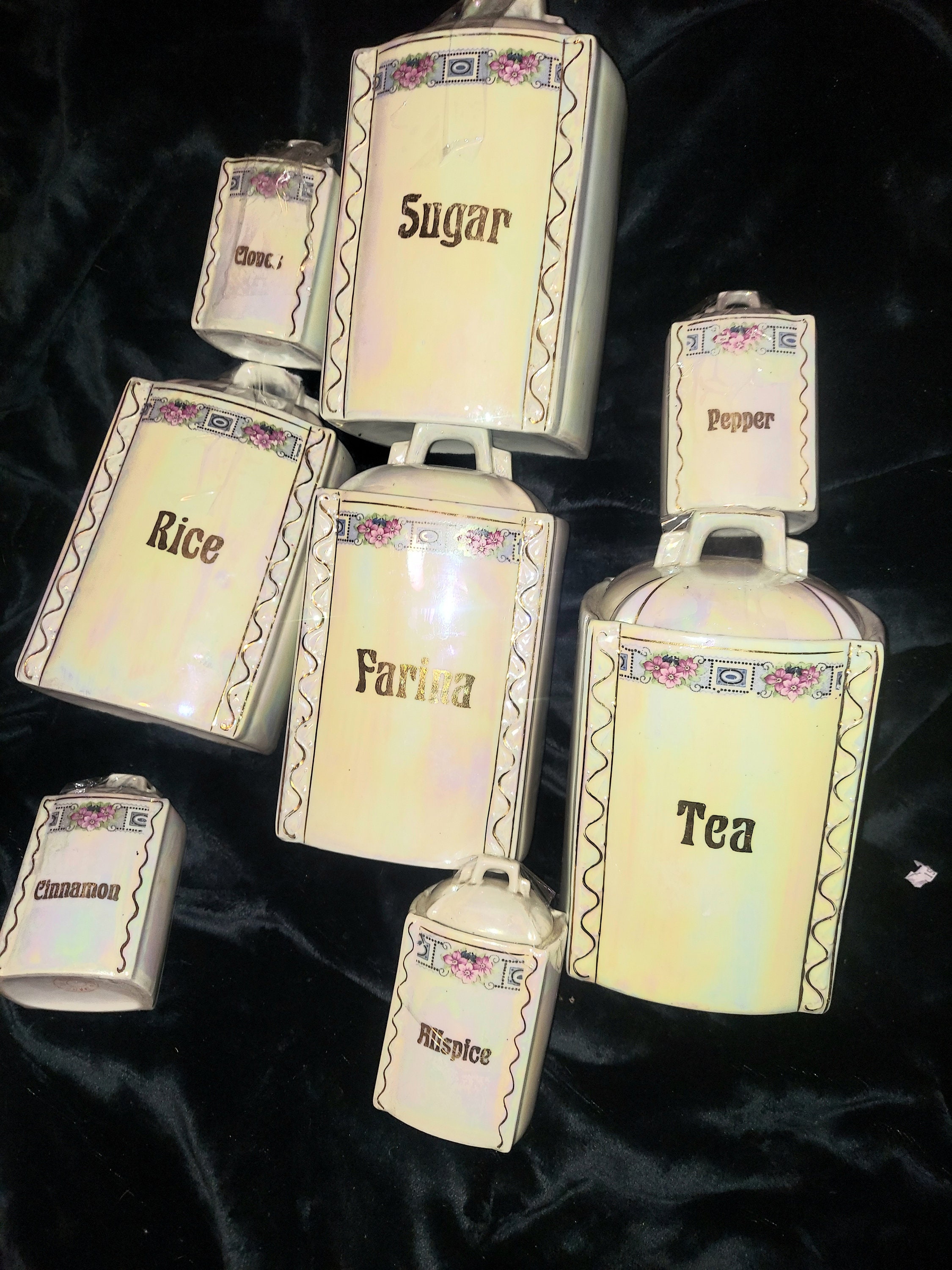 8 Beautiful Lusterware German Canister Set. Early 1900s. Iridescent ...