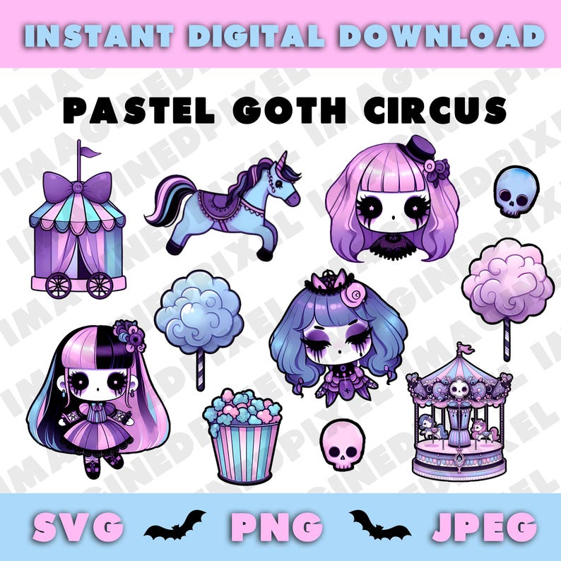 11 Cute Pastel Goth Circus Halloween Spooky Digital Clipart Bundle ...