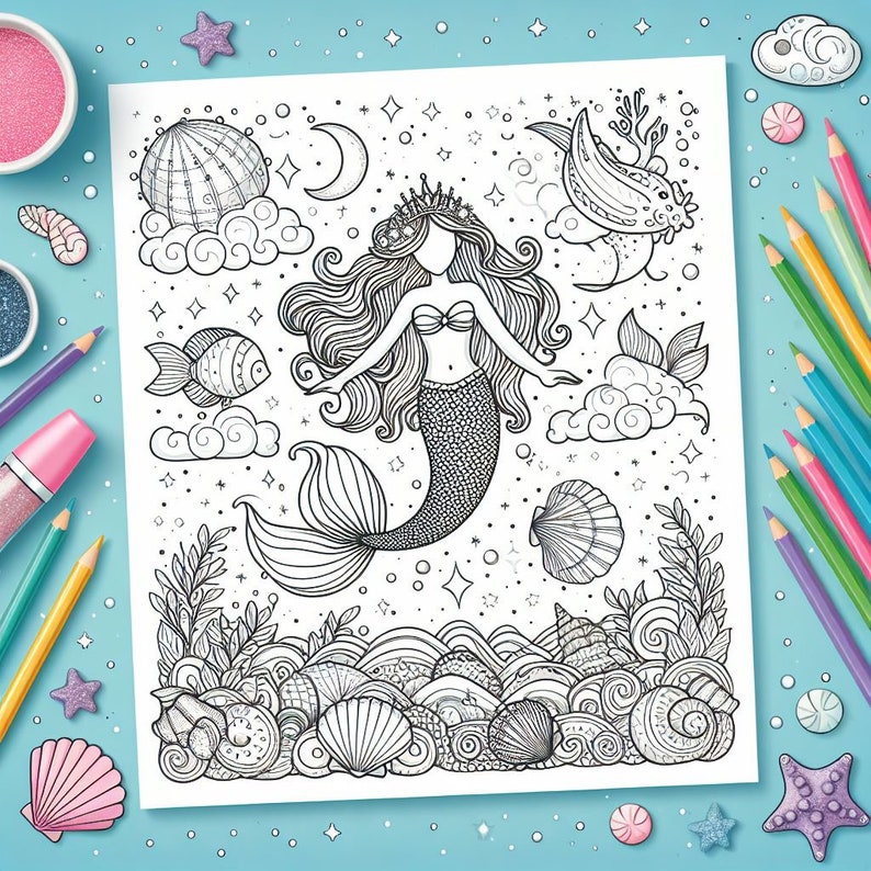 26 Cute Little Mermaid Coloring Book, Printable Enchanted Underwater ...