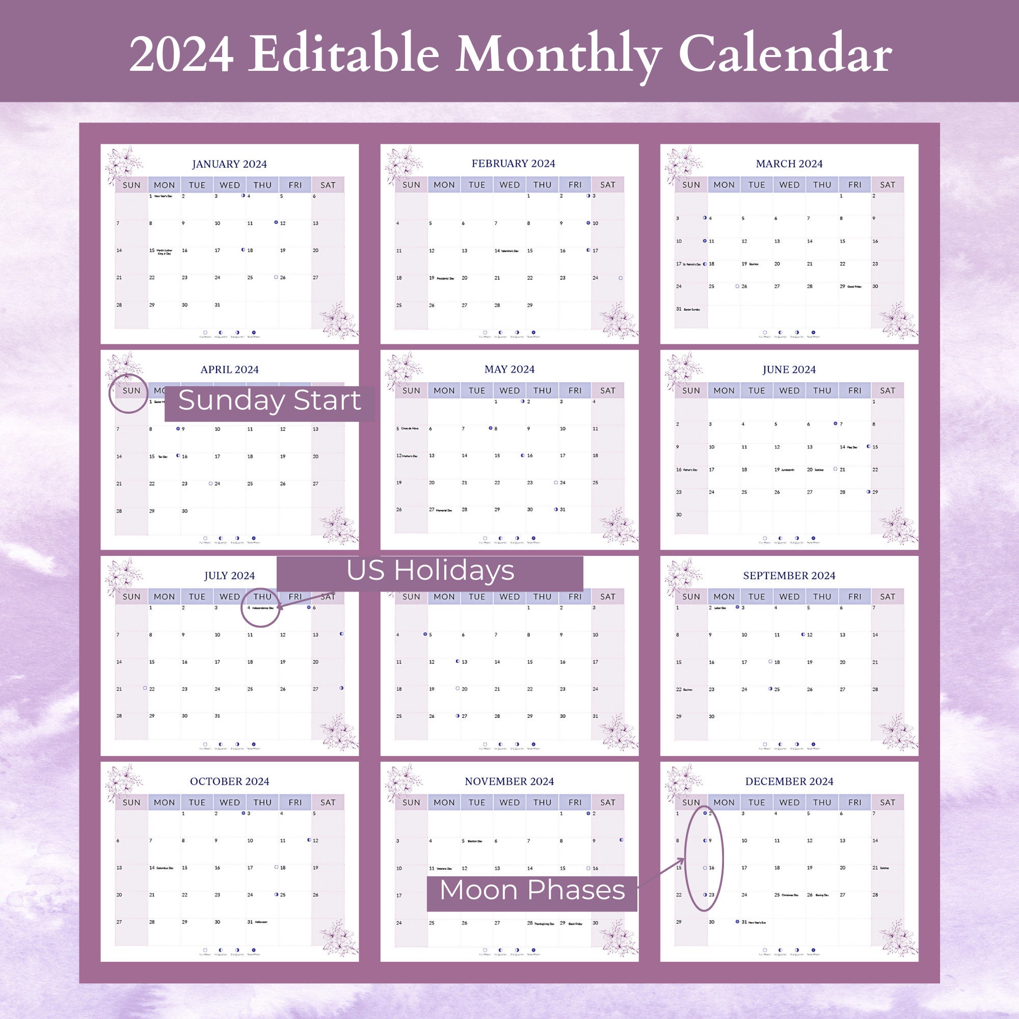 2024 and 2025 Digital & Printable PDF Calendar | 2024 and 2025 Editable ...
