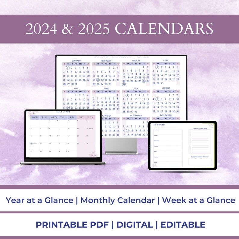 2024 and 2025 Digital & Printable PDF Calendar 2024 and 2025 Editable ...