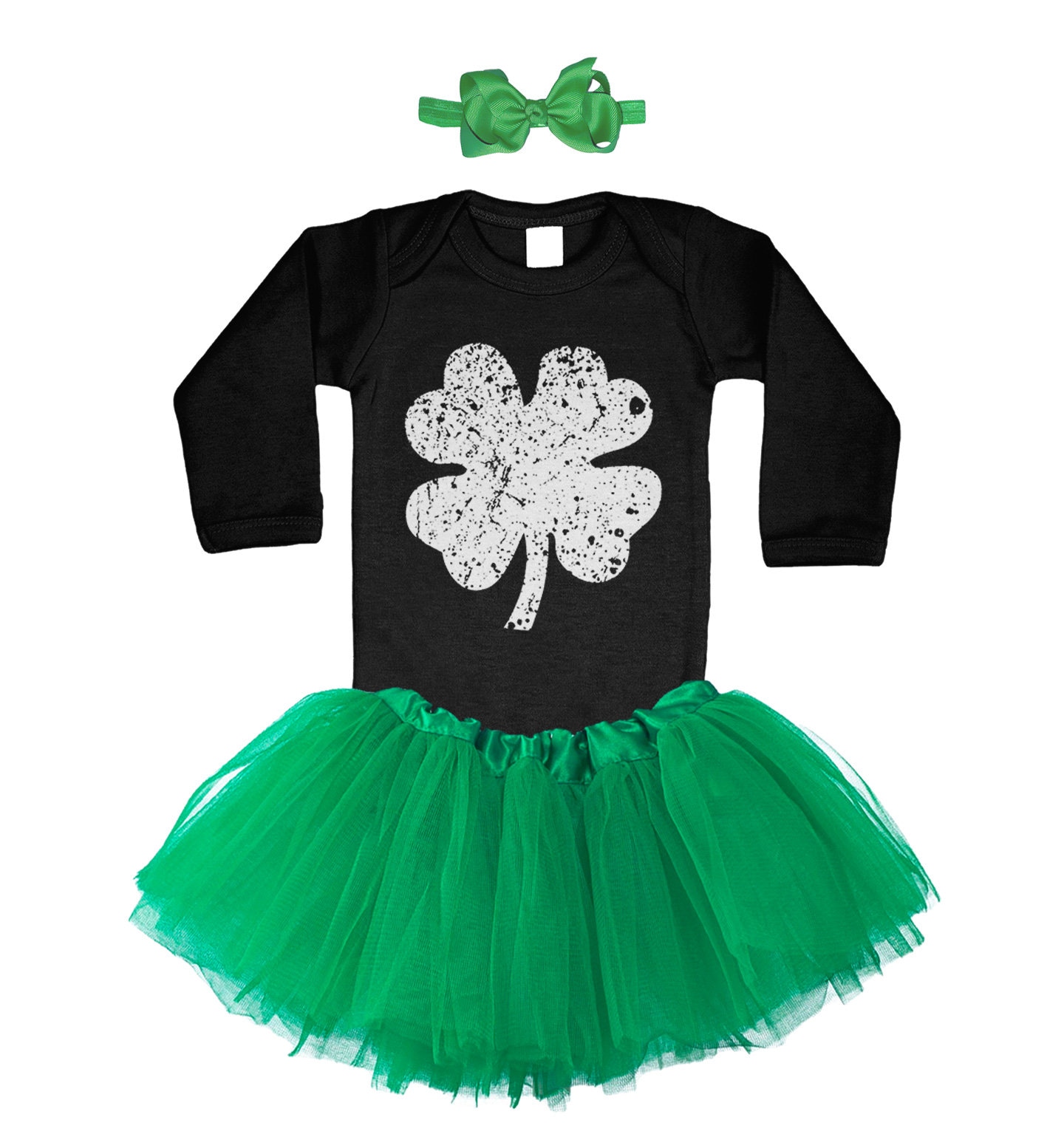 Distressed White Four Leaf Clover - Long Sleeve Bodysuit + Tutu Skirt ...