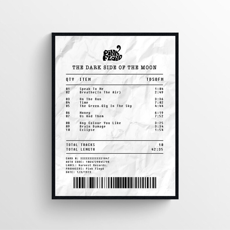 Pink Floyd Dark Side of the Moon Receipt Style Album Cover Poster ...
