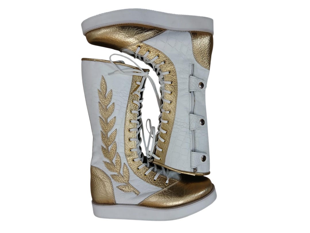 Handmade Leather Pro Wrestling Boots: White & Golden Lace-up ...