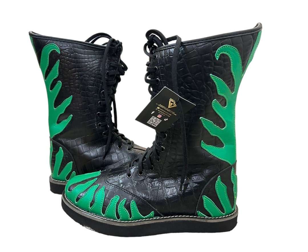 Pro Wrestling Shoes ,100% Original Leather, Green Fire Design ...