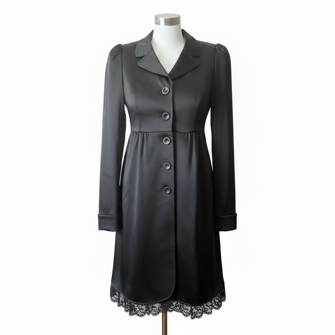 Betsey Johnson Vintage Black Satin Lace Bustle Coat Dress Sz 2 Holiday ...