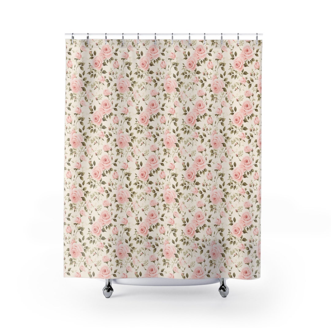 Shabby Chic Pink Roses SHOWER CURTAIN French Country White Floral ...