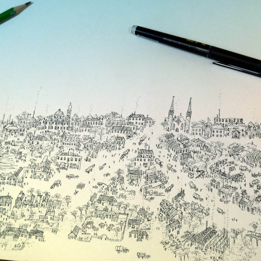 Medieval Town in England Original and Unique Drawing, Ink on Paper by ...