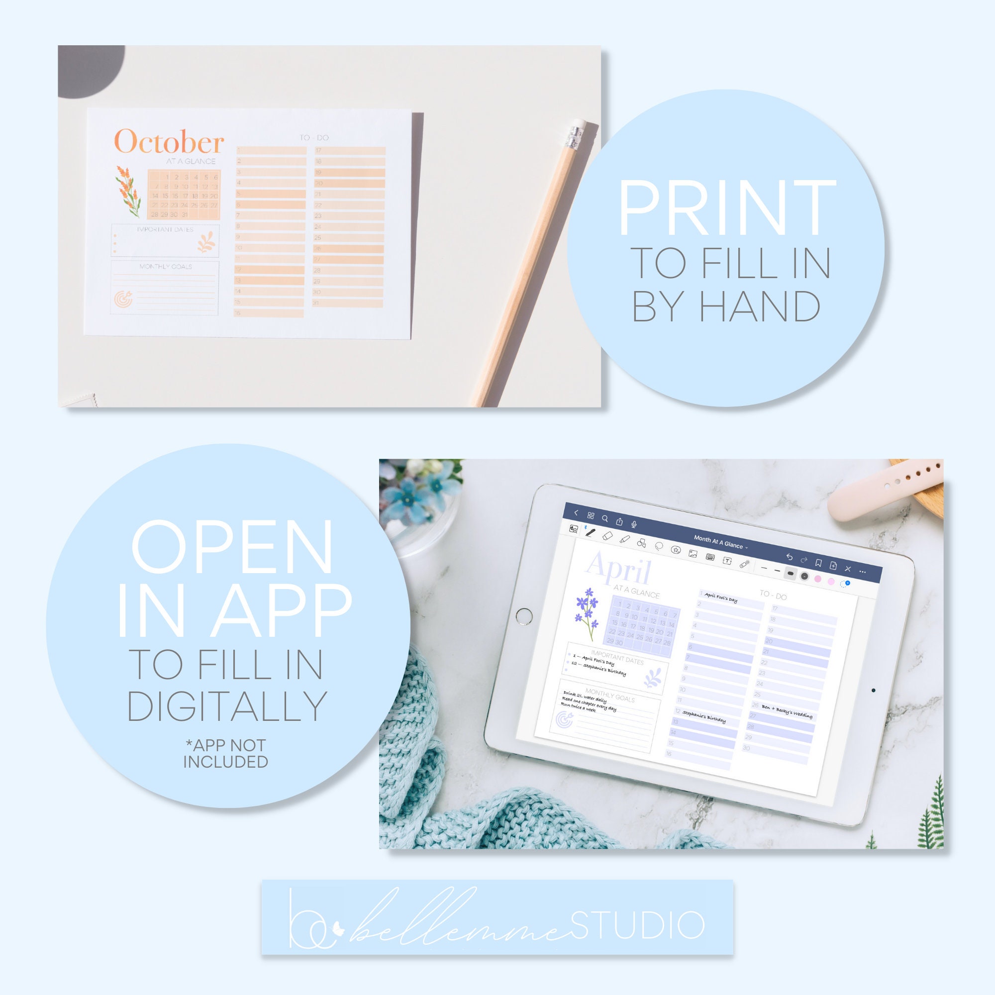 Pastel Month at a Glance, Digital Planner Pages, Pack of 12, Printable ...