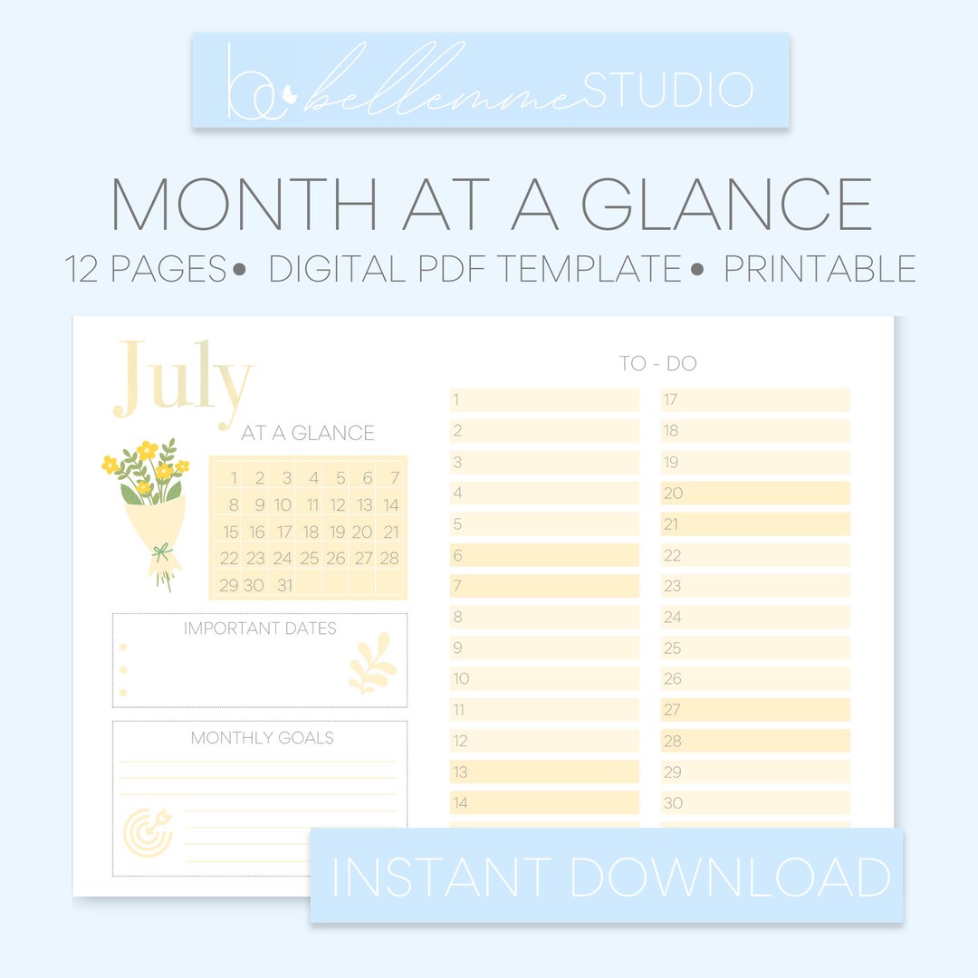 Pastel Month at a Glance, Digital Planner Pages, Pack of 12, Printable ...