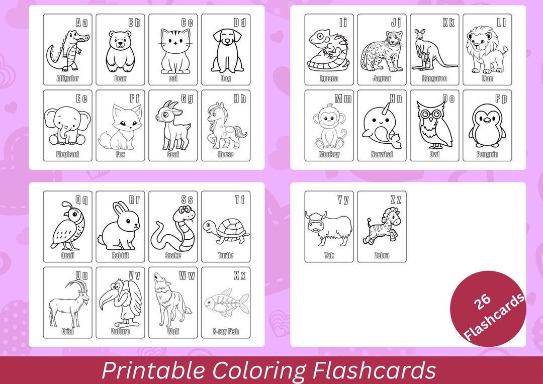 Flashcards English Vocabulary Theme Animals to Color - Etsy