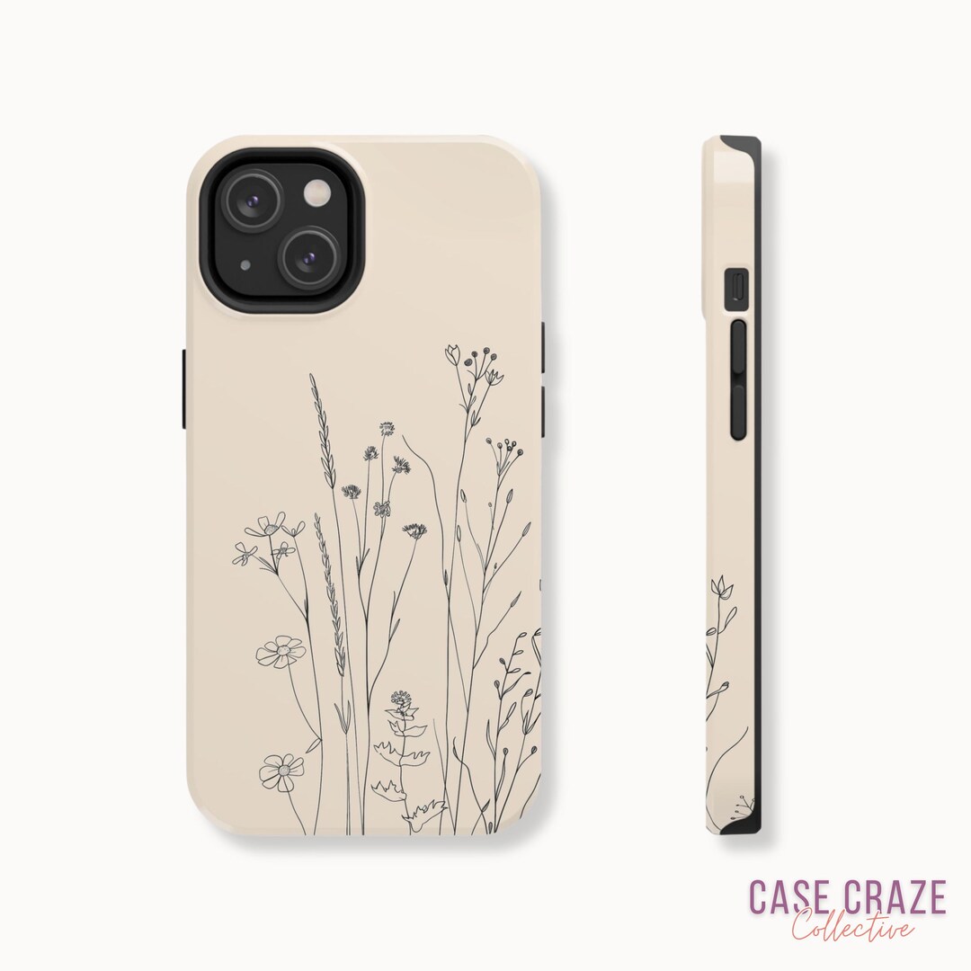 Boho Wildflowers Minimalist Beige Phone Case, Flower Black Sketch ...
