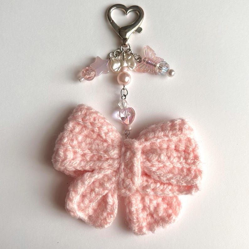 Pink Handmade Crochet Charm Bow Keychain. Coquette Keychain. - Etsy