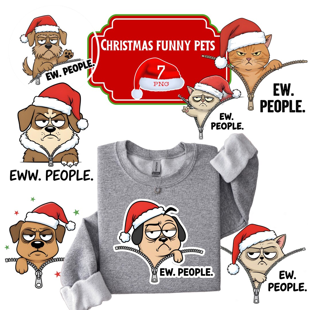 Funny Christmas Pets Clipart Bundle, Grumpy Dog and Cat Sublimation ...