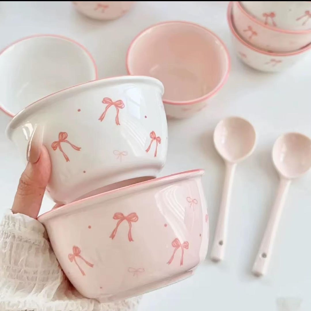 Pink Bow Ceramic Bowl & Spoon Set: Coquette Kitchen Tableware - Etsy
