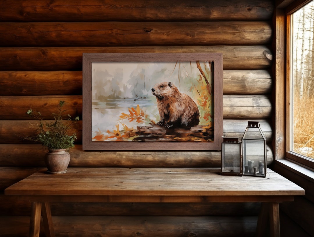 Autumn Beaver in Canadian Landscape - Impressionist Wildlife Art - Fall ...