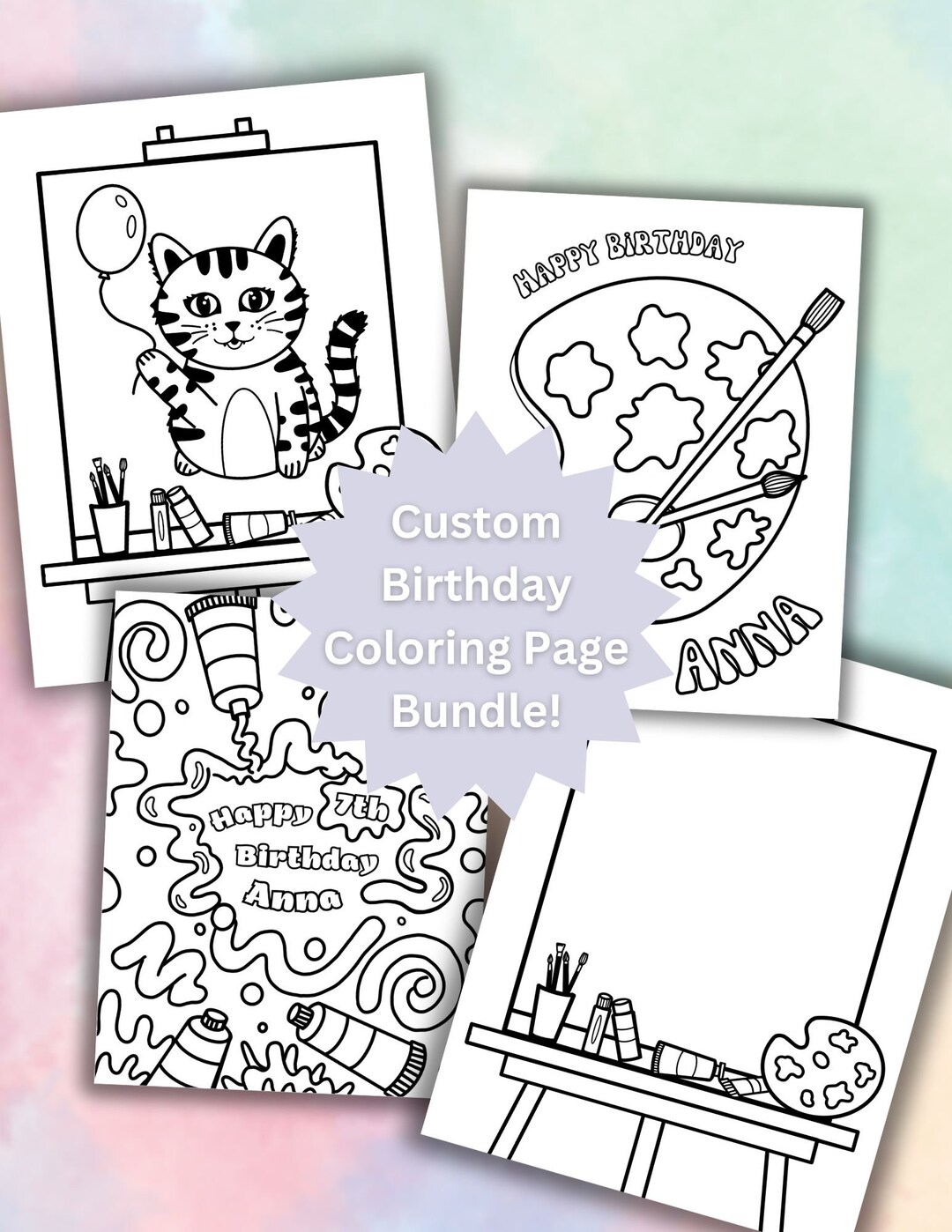 Custom Art Birthday Coloring Page Bundle - Etsy