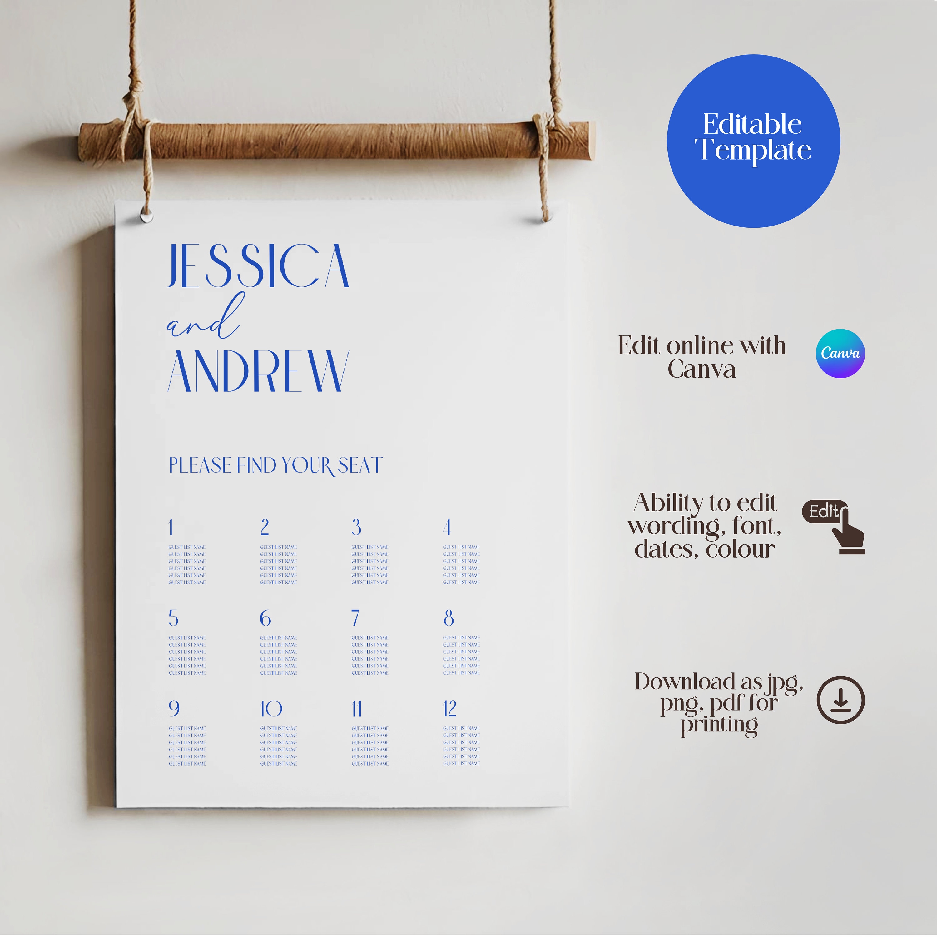 Wedding Seating Chart | Seating Chart Template | Blue Seating Chart ...