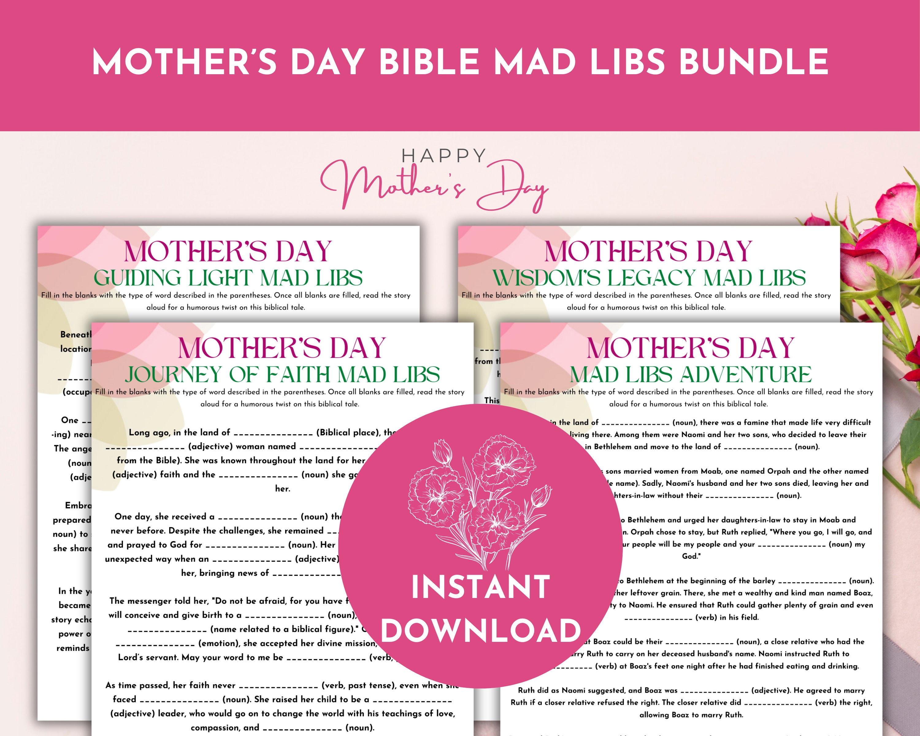 Mother’s Day Bible Mad Libs BUNDLE, 4 Mothers Day Mad Libs Bible Story ...