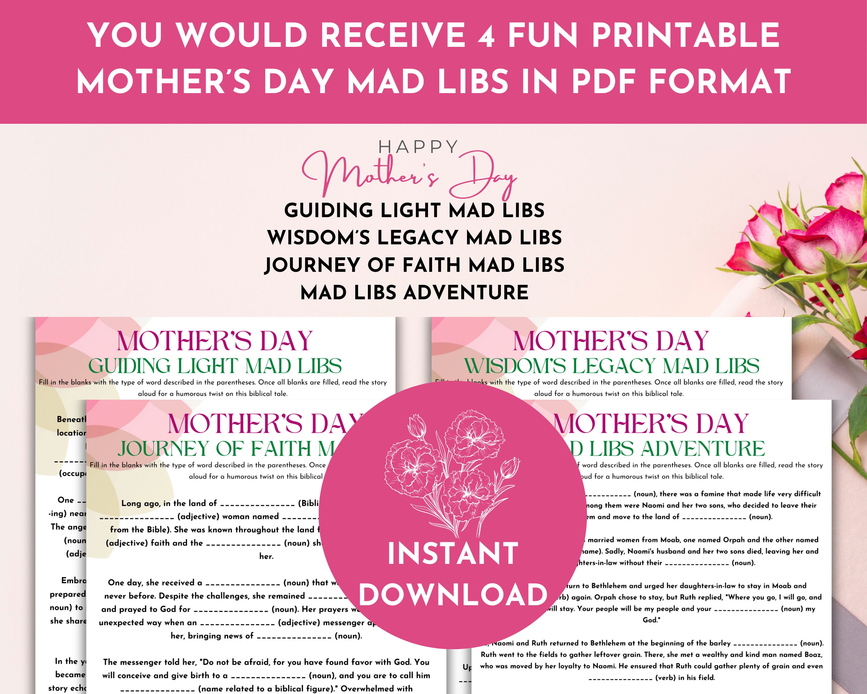 Mother’s Day Bible Mad Libs BUNDLE, 4 Mothers Day Mad Libs Bible Story ...