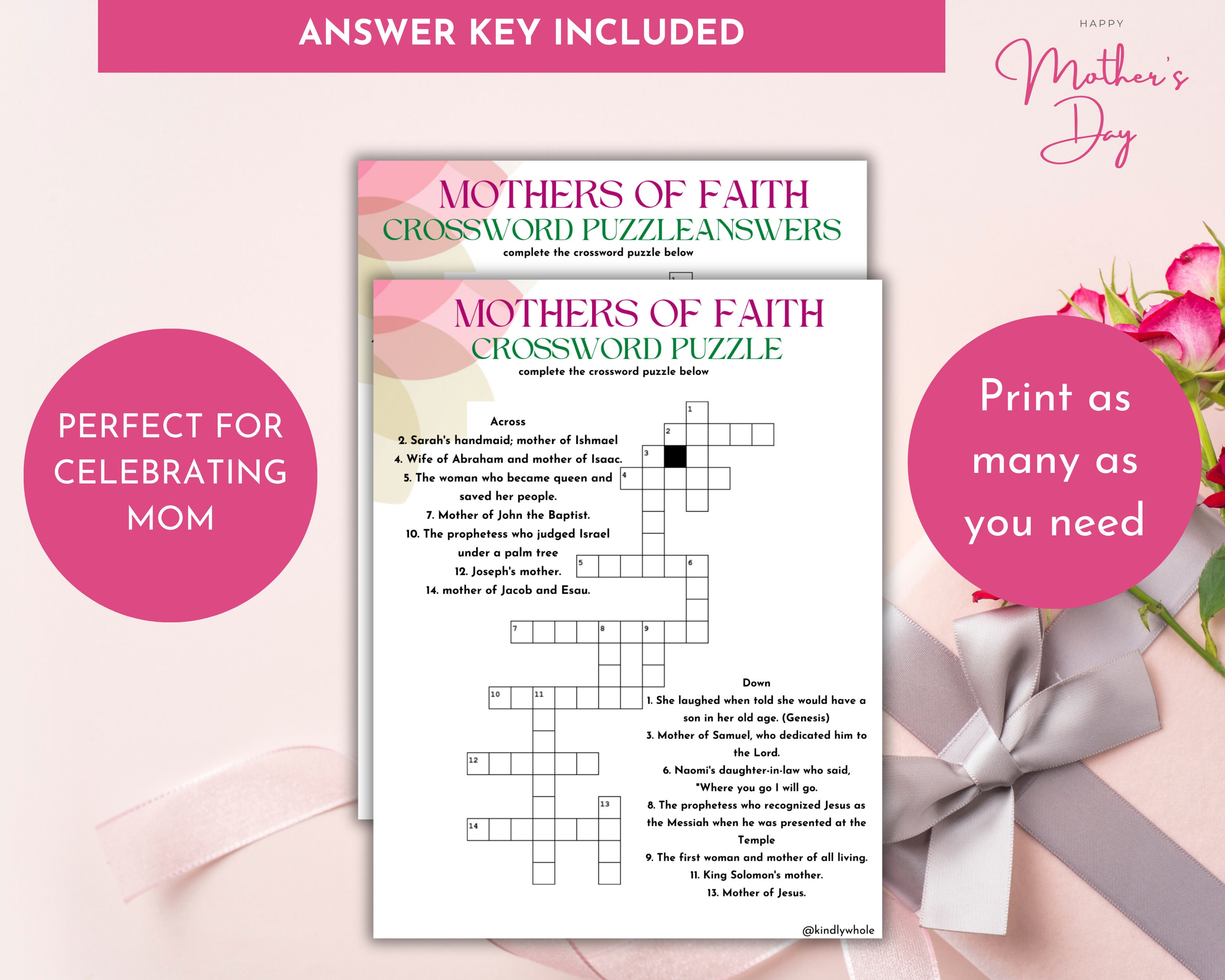 Mother's Day Bible Crossword Puzzle: Family Printable Game (digital ...