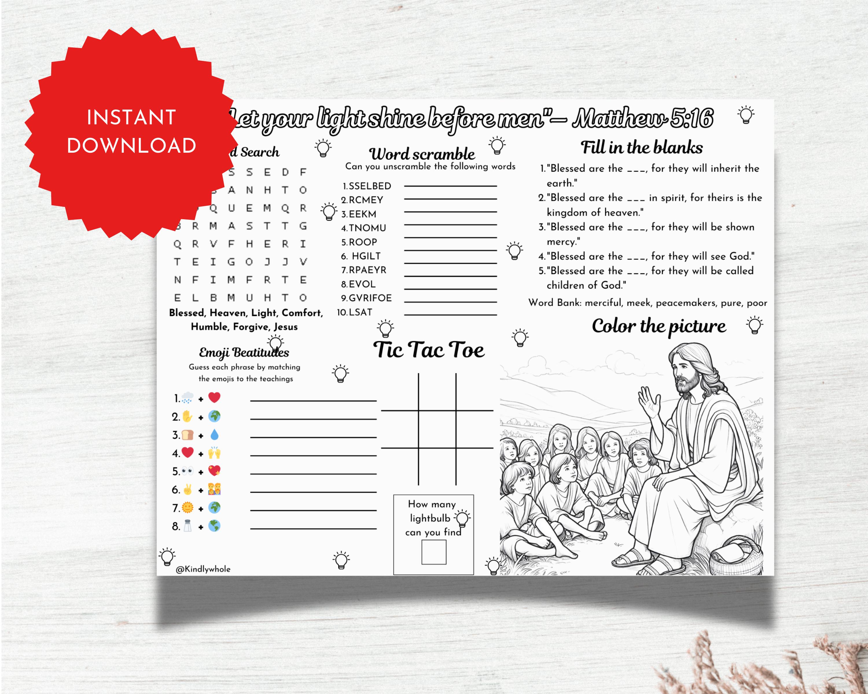 The Beatitudes Activity Placemat for Kids – Fun Bible Games, Coloring ...