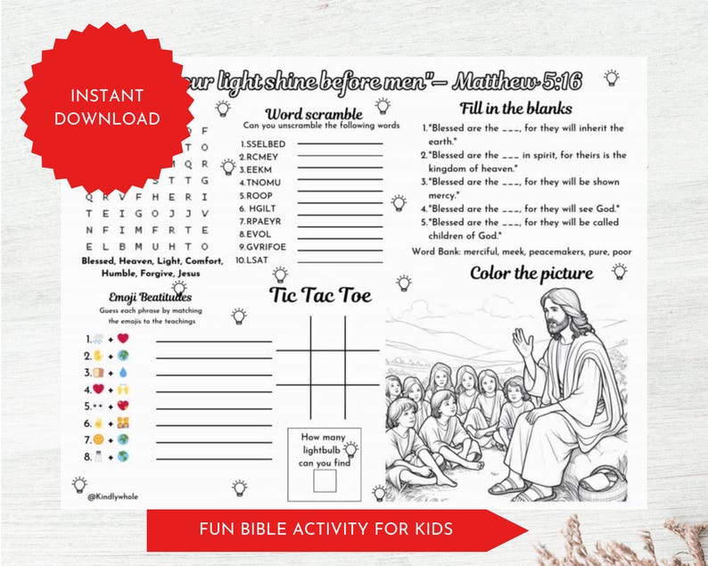 The Beatitudes Activity Placemat for Kids – Fun Bible Games, Coloring ...