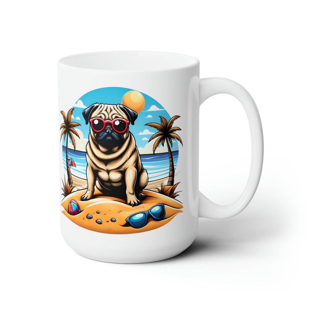 Cartoon Pug Dog at the Beach Mug, Sunglasses Dog, Coffee, Ceramic Mug ...