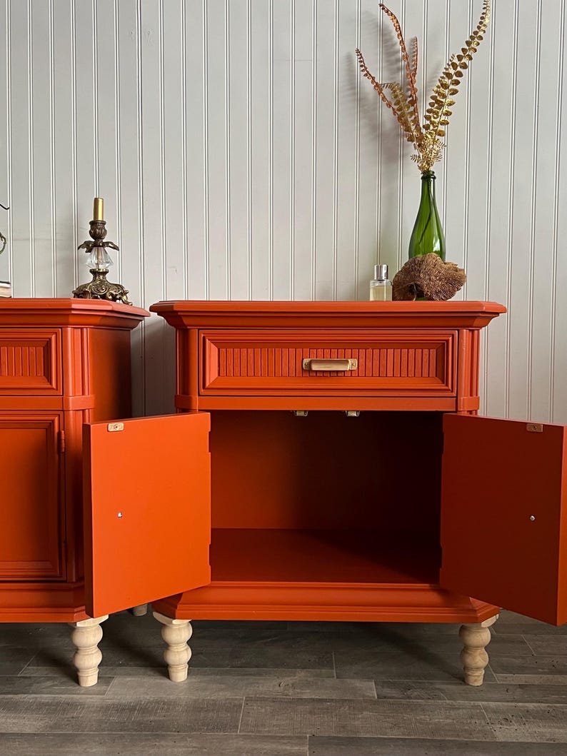 SOLD | Burnt Orange Drexel Nightstands: Vintage Slatted Side Tables ...