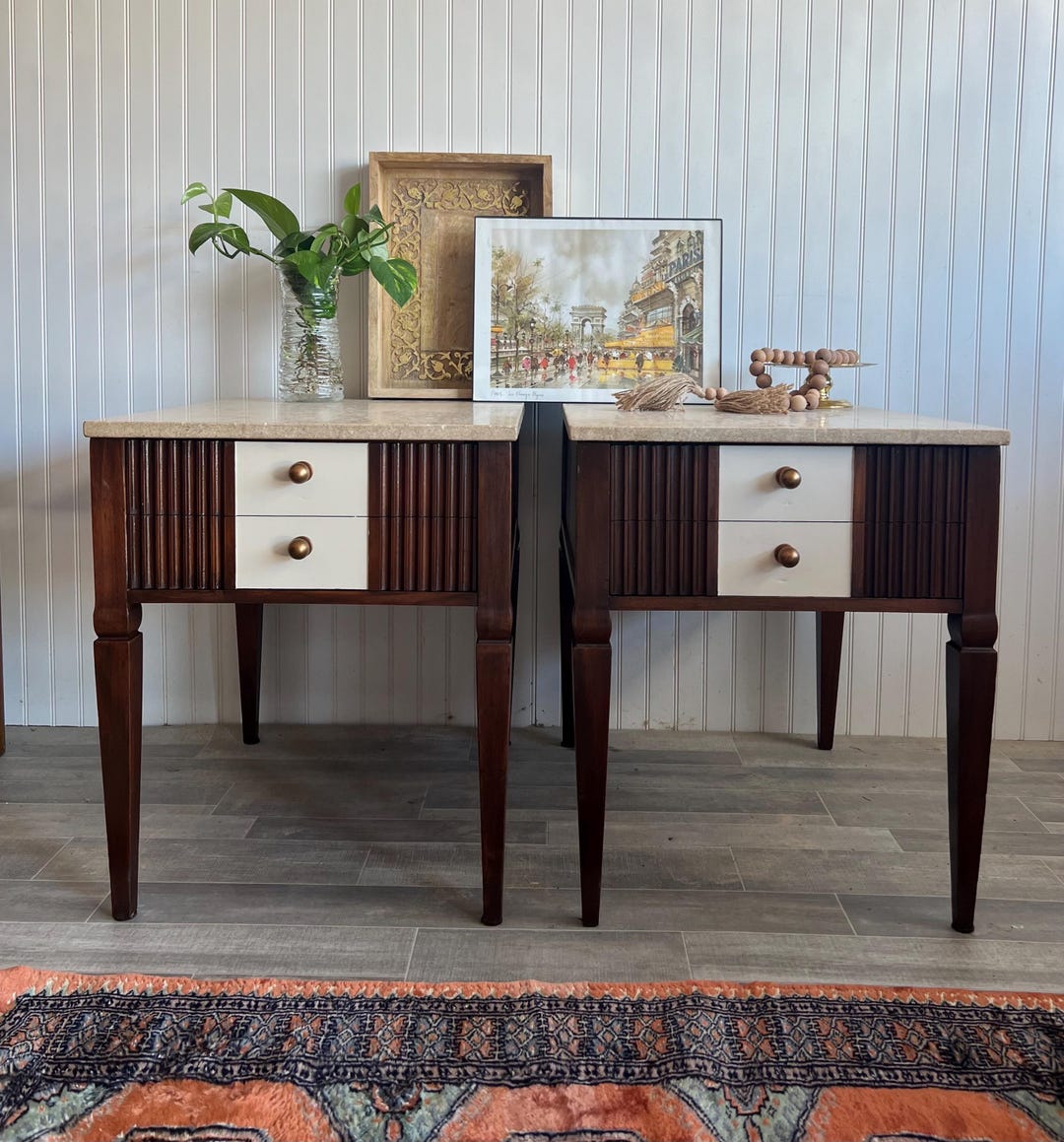 SOLD • Vintage Marble-top Mid Century Modern (MCM) Nightstand Set Side ...