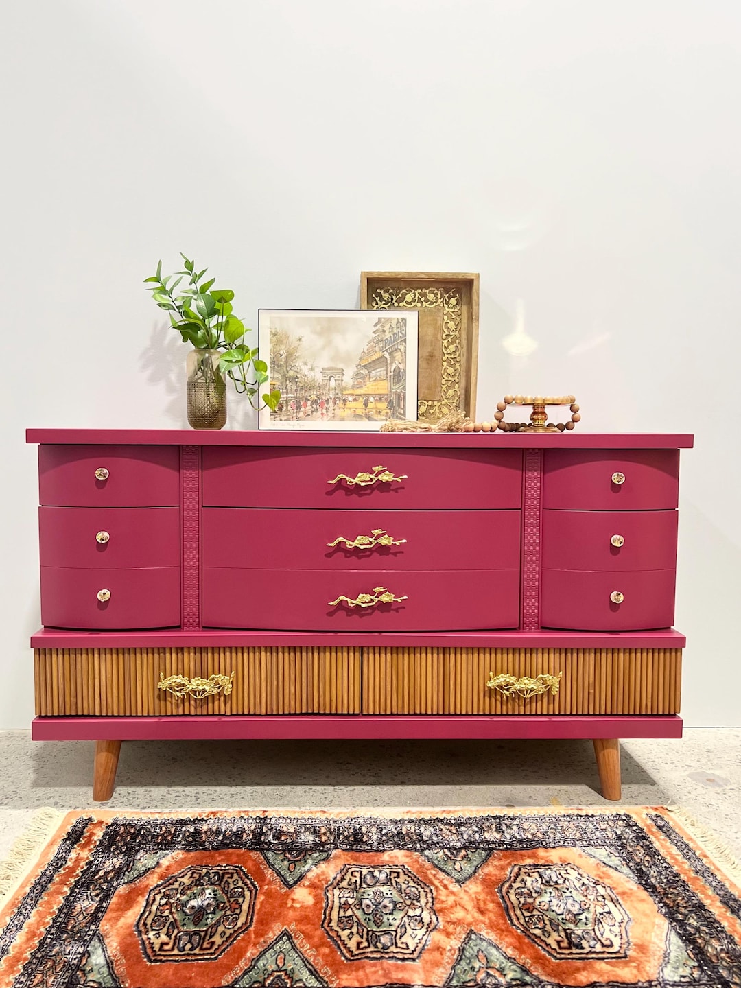 Mid Century Modern Cranberry Dresser: Reeded 6-drawer Sideboard - Etsy
