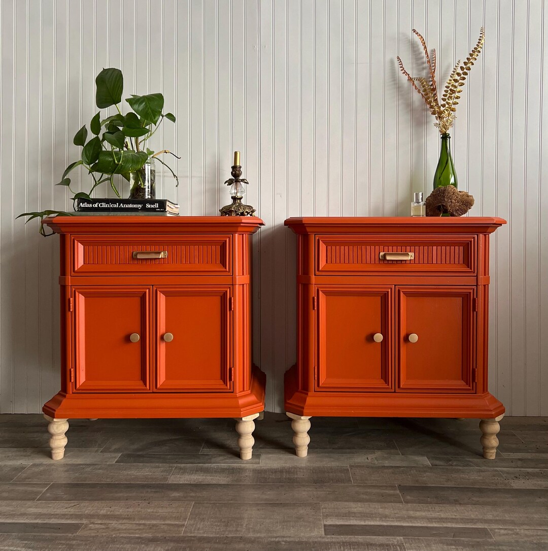 SOLD | Burnt Orange Drexel Nightstands: Vintage Slatted Side Tables ...