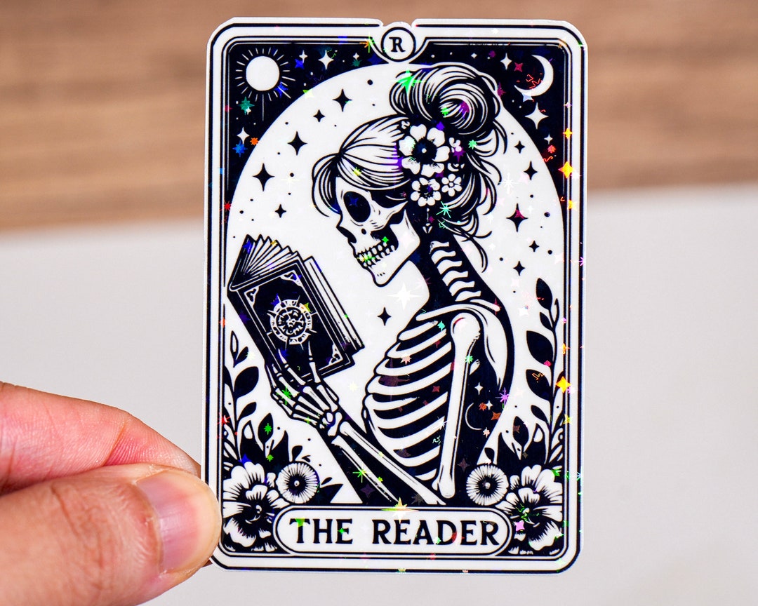 The Reader Tarot Card Skeleton Sticker, Kindle Bookish Sticker, Book ...