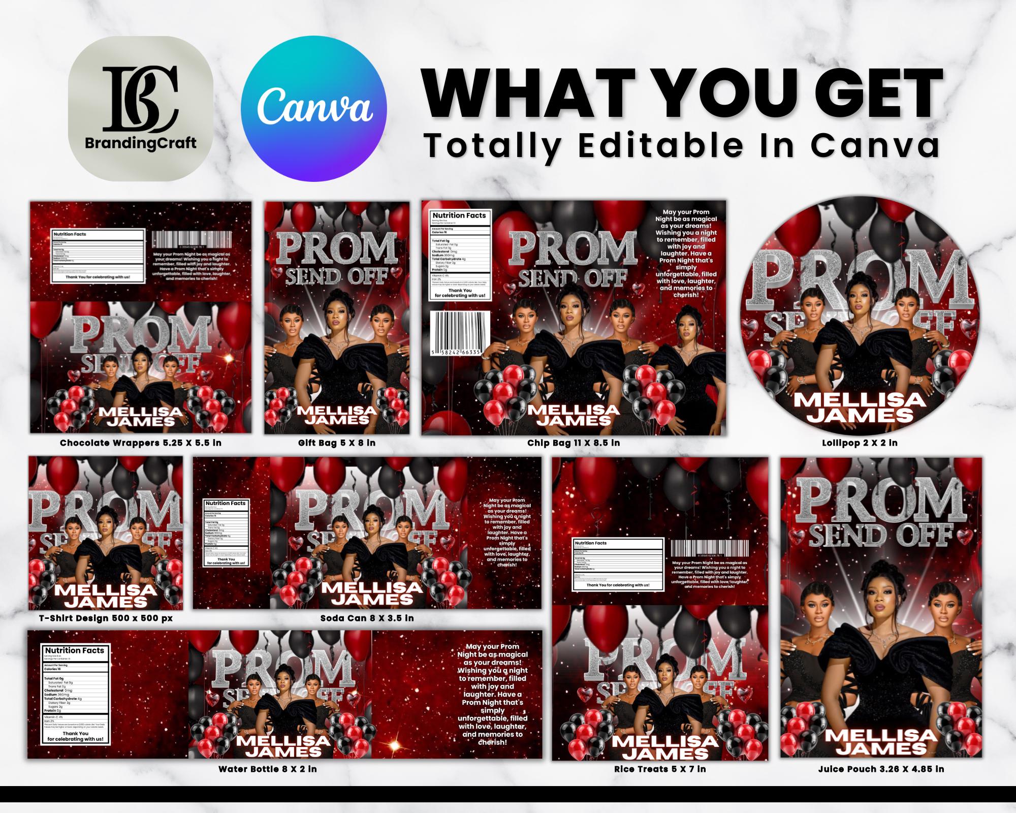 Prom Send off Treat Packaging Bundle, Pink Silver Canva Templates ...