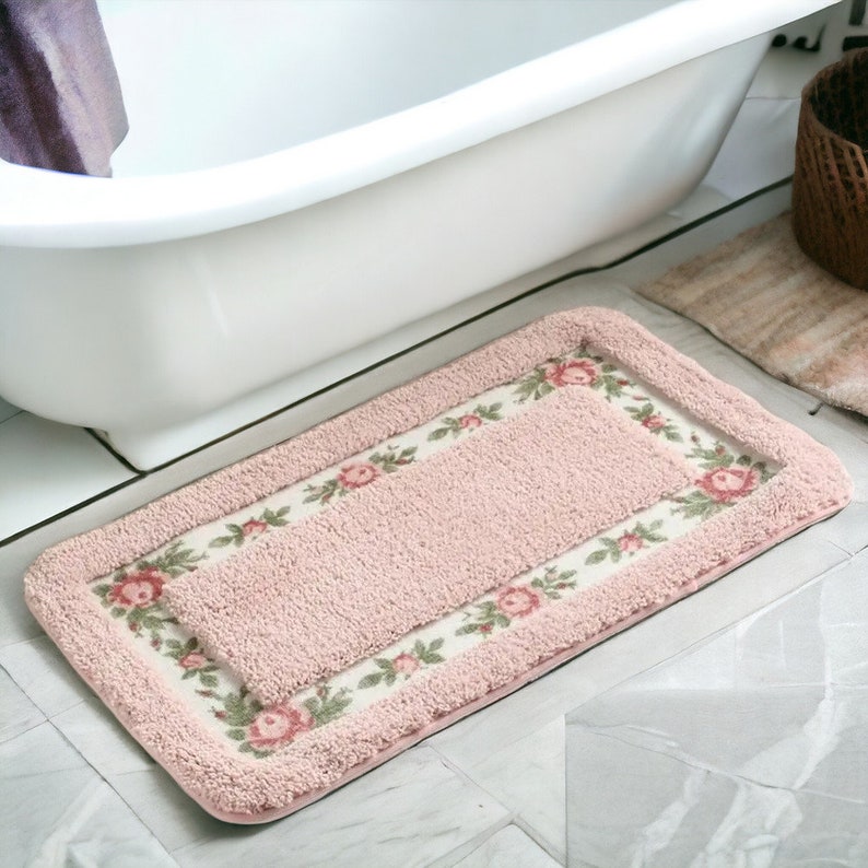 Boho Chic Pink Floral Bath Mat Absorbent Cotton Pastrol Flower Design ...