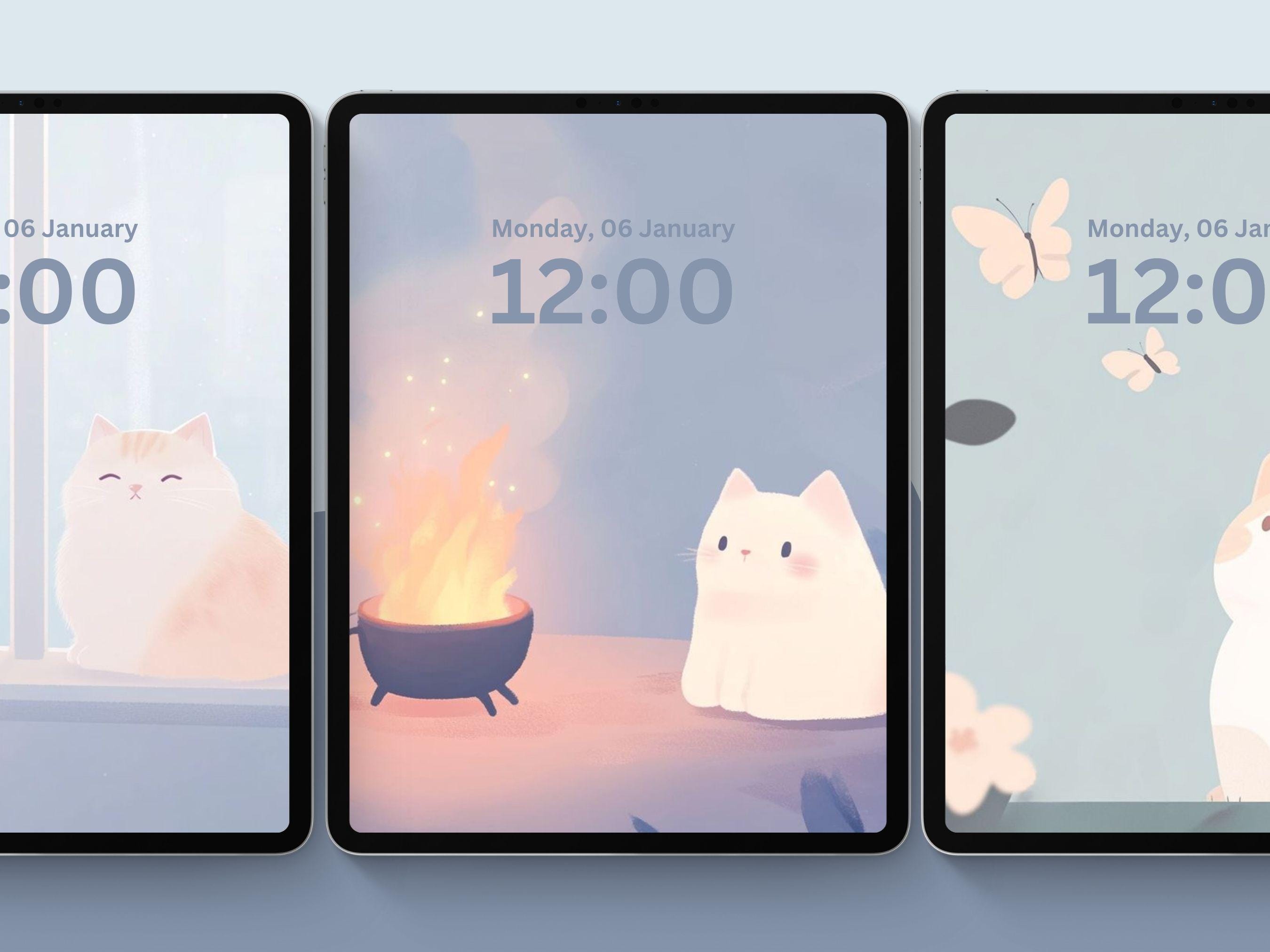 Pastel Cats iPad Wallpaper Kawaii Cat Tablet Wallpaper Cozy Wallpaper ...