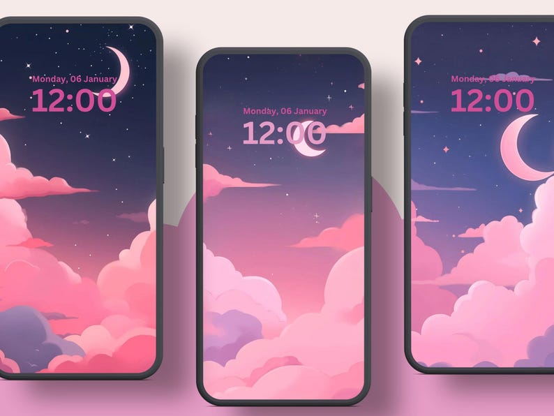 Pink Sky and Moon Lock Screen Night Sky Mobile Wallpapers Dreamy Pastel ...
