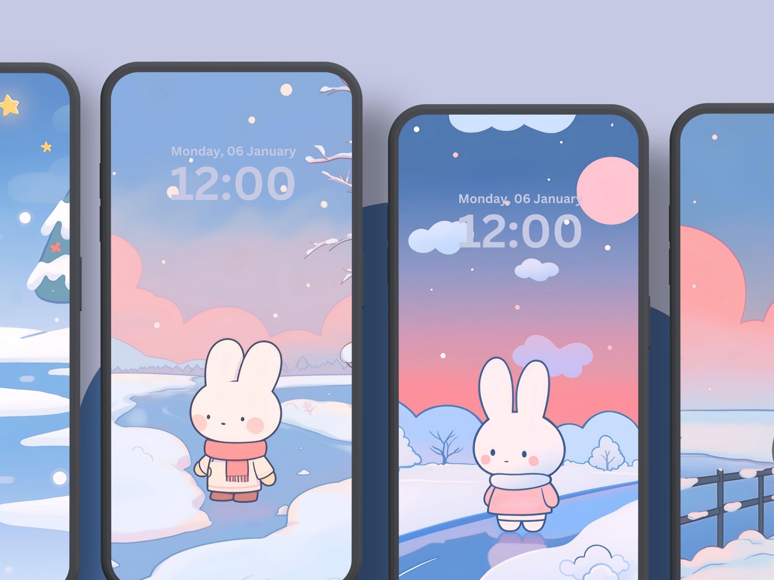 Snow Bunnies Cute Phone Wallpaper Pack Christmas Wallpaper Kawaii Bunny ...