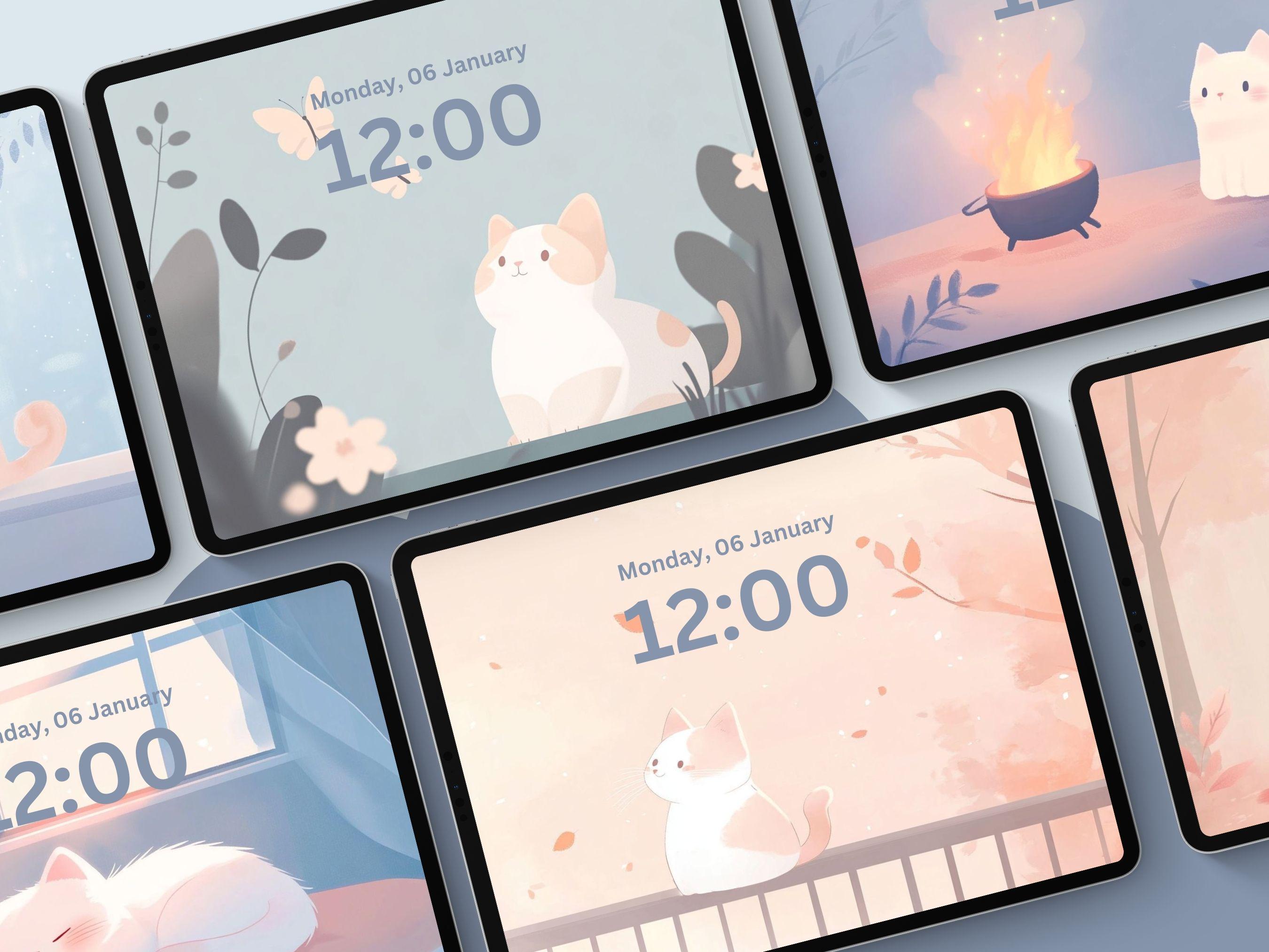 Pastel Cats iPad Wallpaper Kawaii Cat Tablet Wallpaper Cozy Wallpaper ...