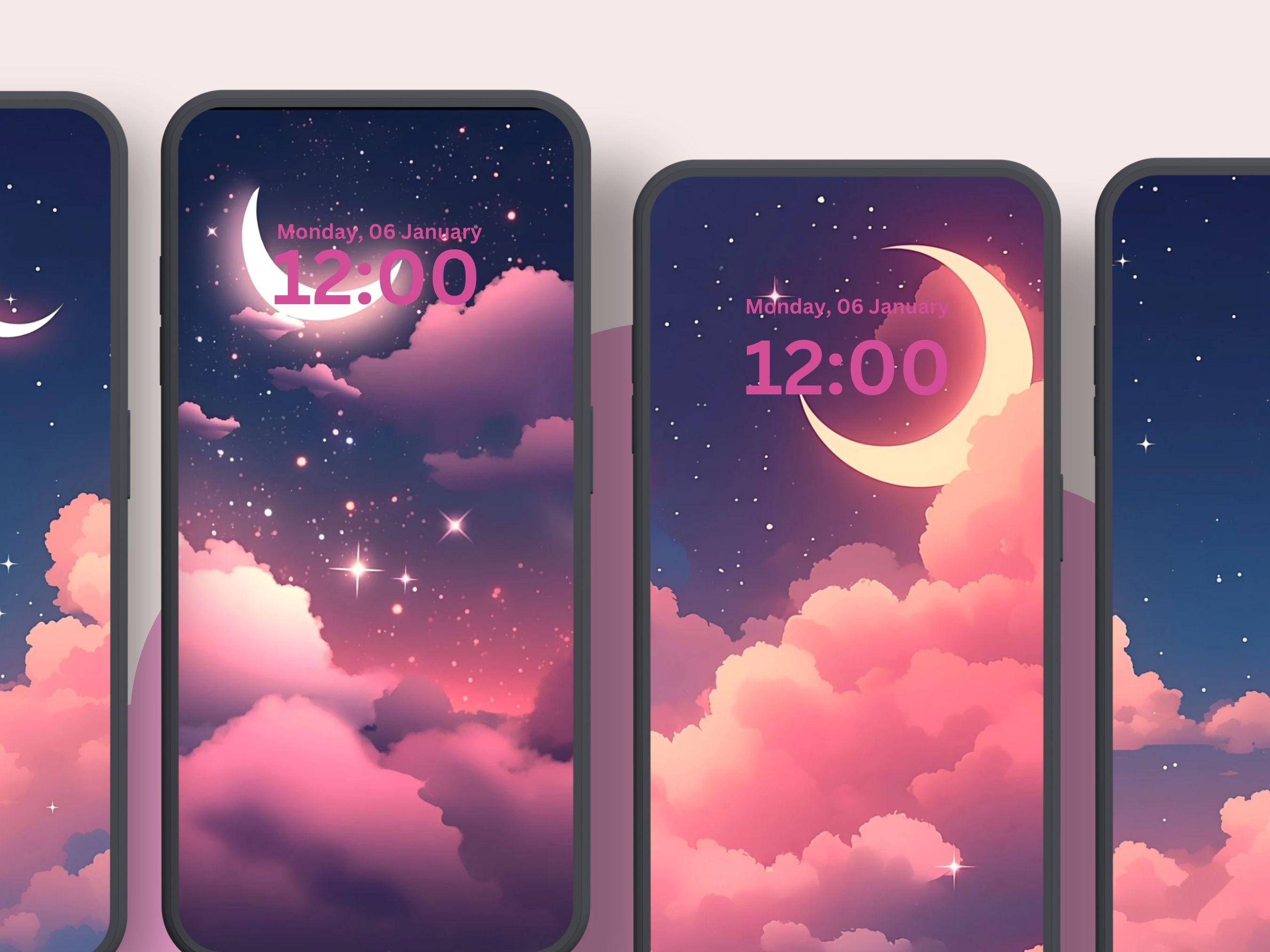 Pink Sky and Moon Lock Screen Night Sky Mobile Wallpapers Dreamy Pastel ...